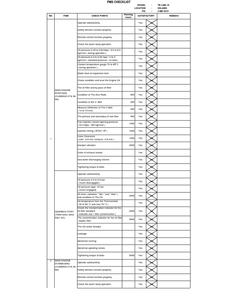 Checklist Pms tugboat 2 | Pump | Valve