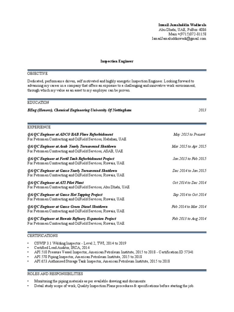 The Resume of Ismail Jamaluddin Wadiwala: An Experienced Inspection ...