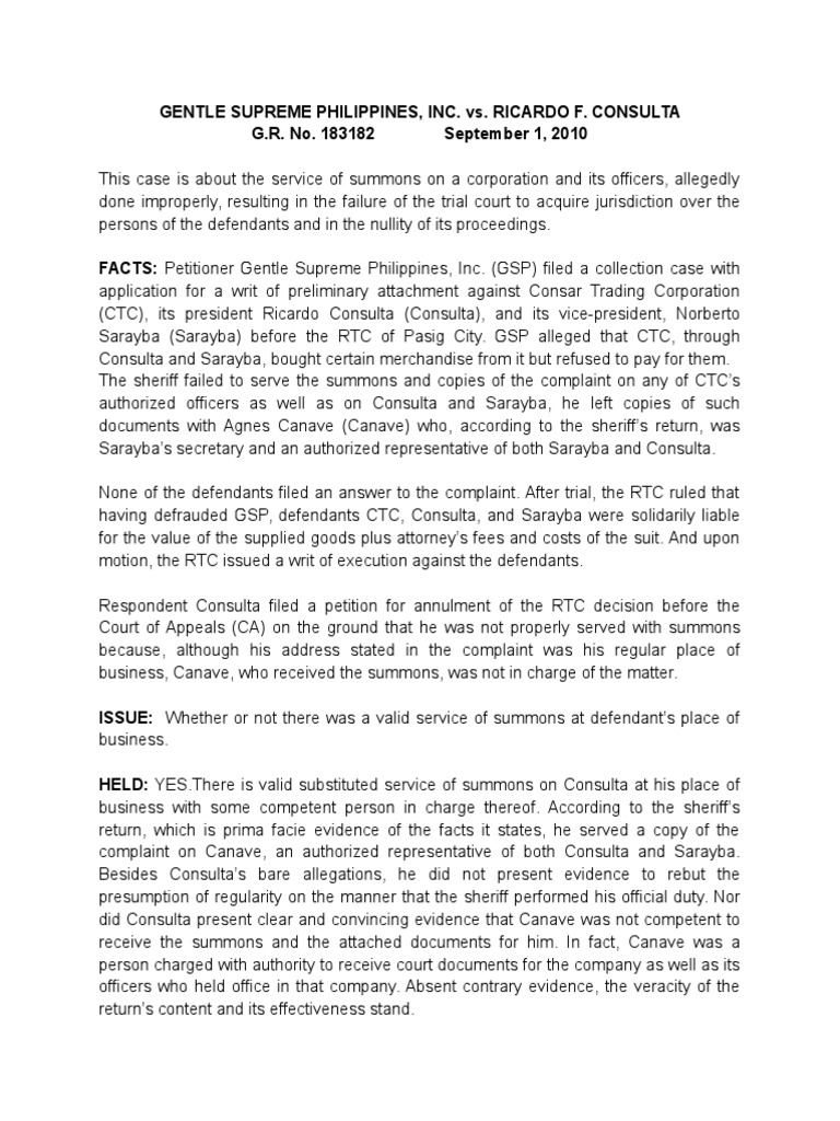 Gentle Supreme Philippines vs. Consulta | PDF | Summons | Complaint