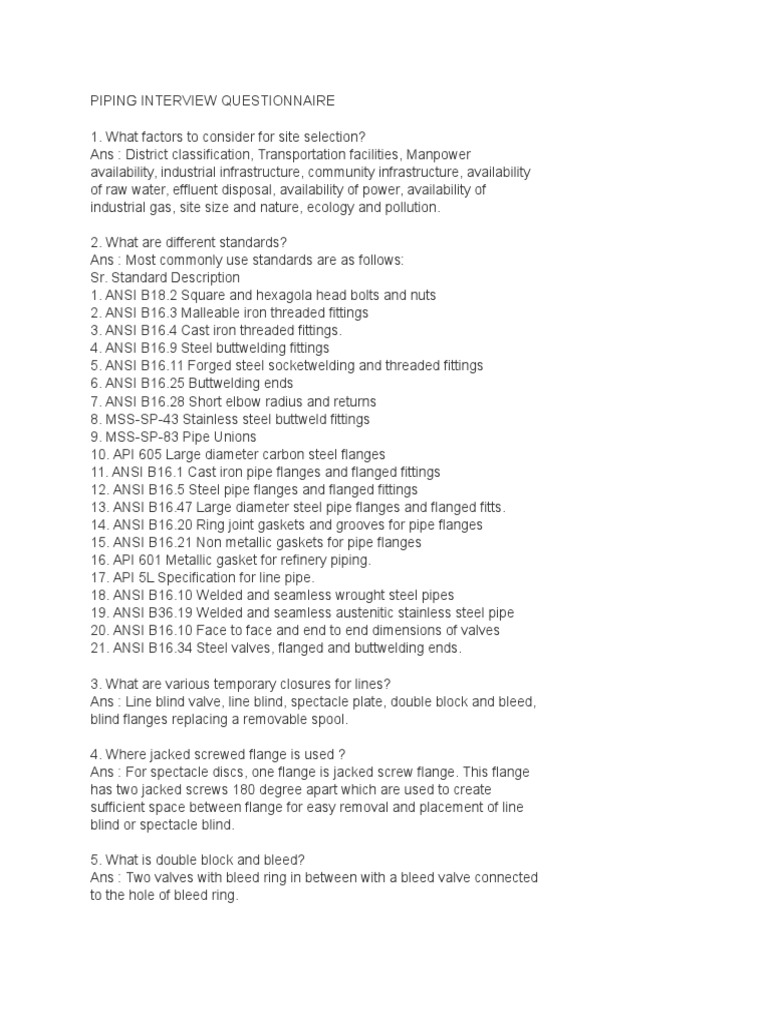 Piping Interview Questionnaire | PDF | Valve | Pipe (Fluid Conveyance)