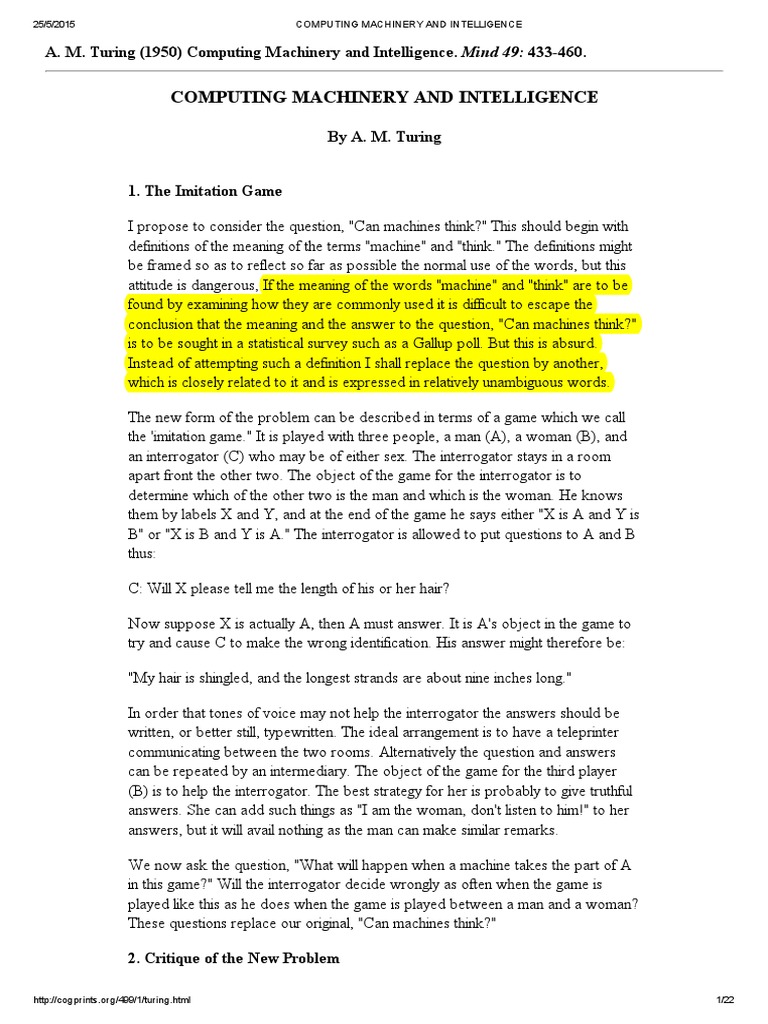 Turing 1950 Computing Machinery and Intelligence | PDF | Epistemology ...