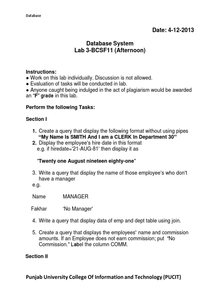 Date: 4-12-2013 Database System Lab 3-BCSF11 (Afternoon) : Instructions ...