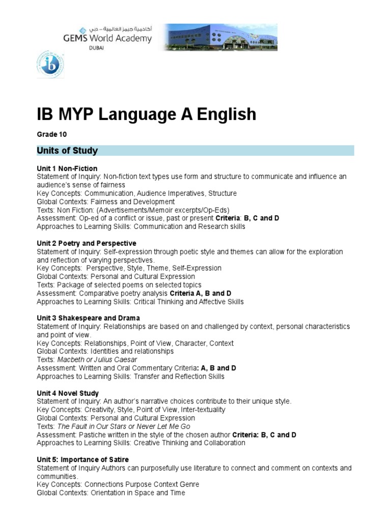 Grade 10 IB MYP English Units | PDF | Educational Assessment | Narration