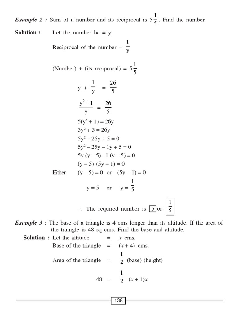 Solution:: Example 2: Sum of A Number and Its Reciprocal Is 5 | PDF ...