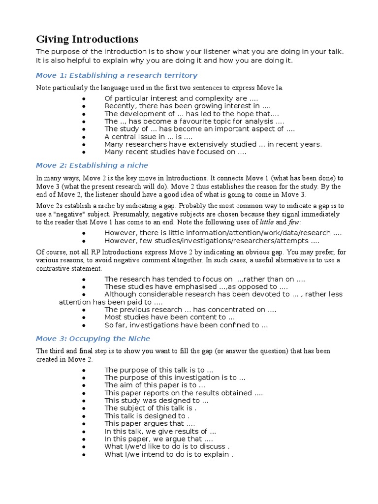 Giving Introductions: Move 1: Establishing a research territory | File ...