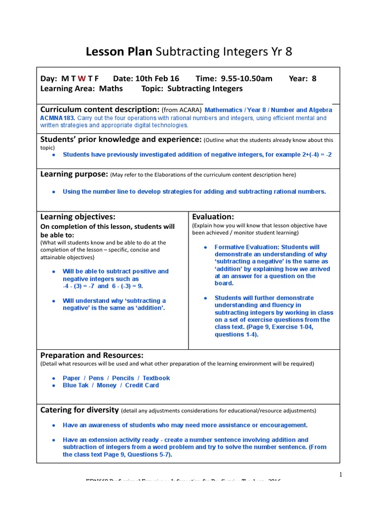 Year 8 Subtracting Integers Lesson Plan | PDF | Lesson Plan | Integer