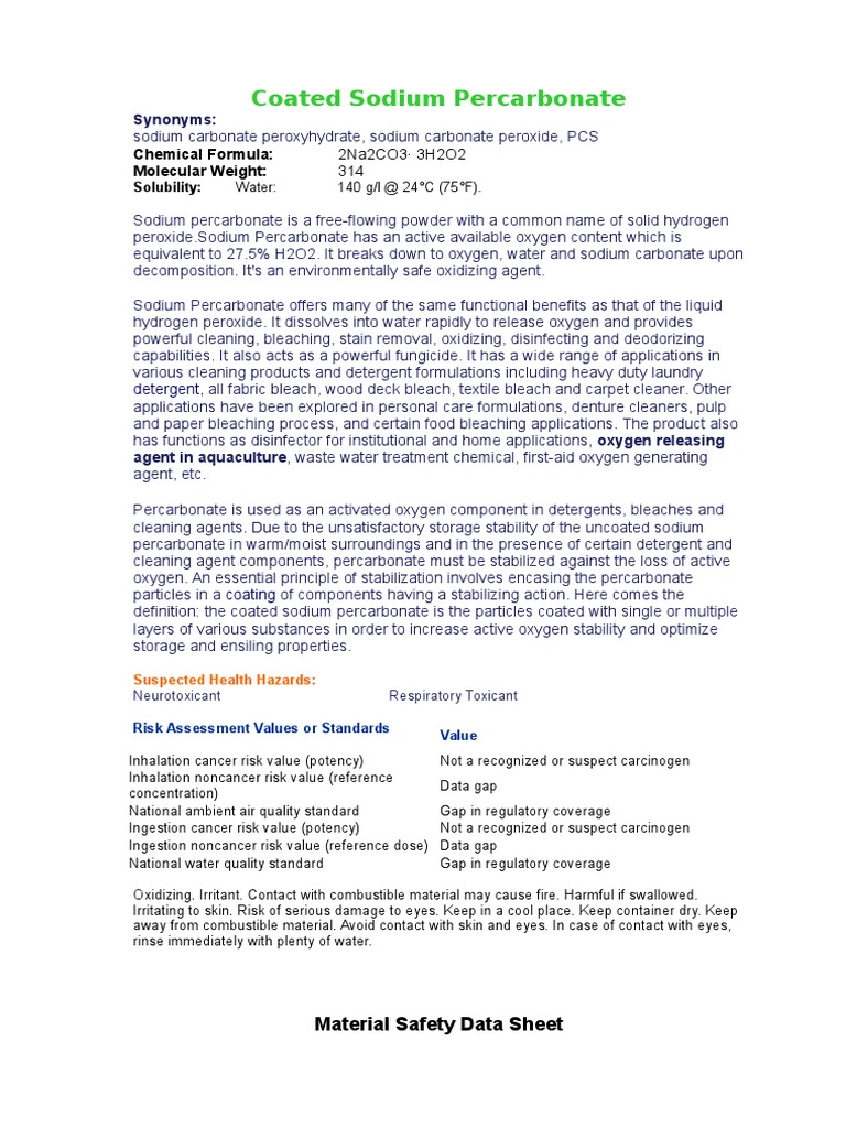 Coated Sodium Percarbonate | PDF | Bleach | Toxicity