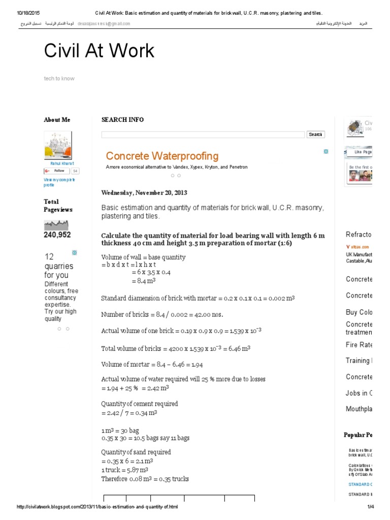 Civil at Work - Basic Estimation and Quantity of Materials For Brick ...