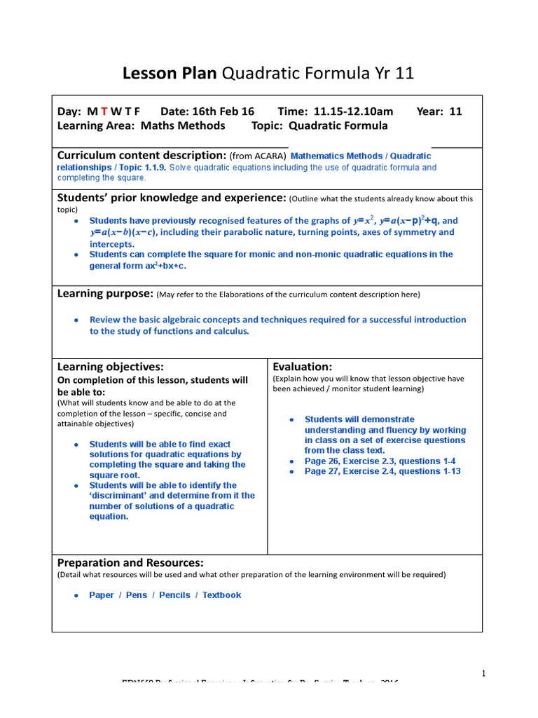 Lesson Plan Quadratic Formula | PDF | Quadratic Equation | Lesson Plan