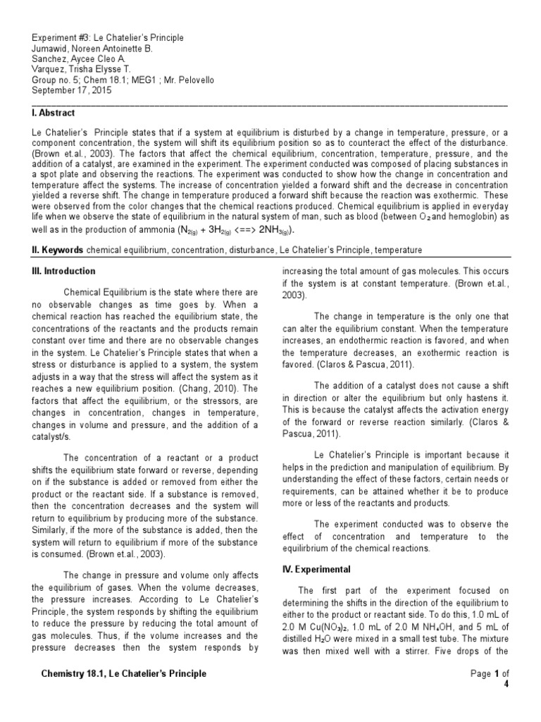Experiment 3: Le Chatelier's Principle | PDF | Chemical Equilibrium ...