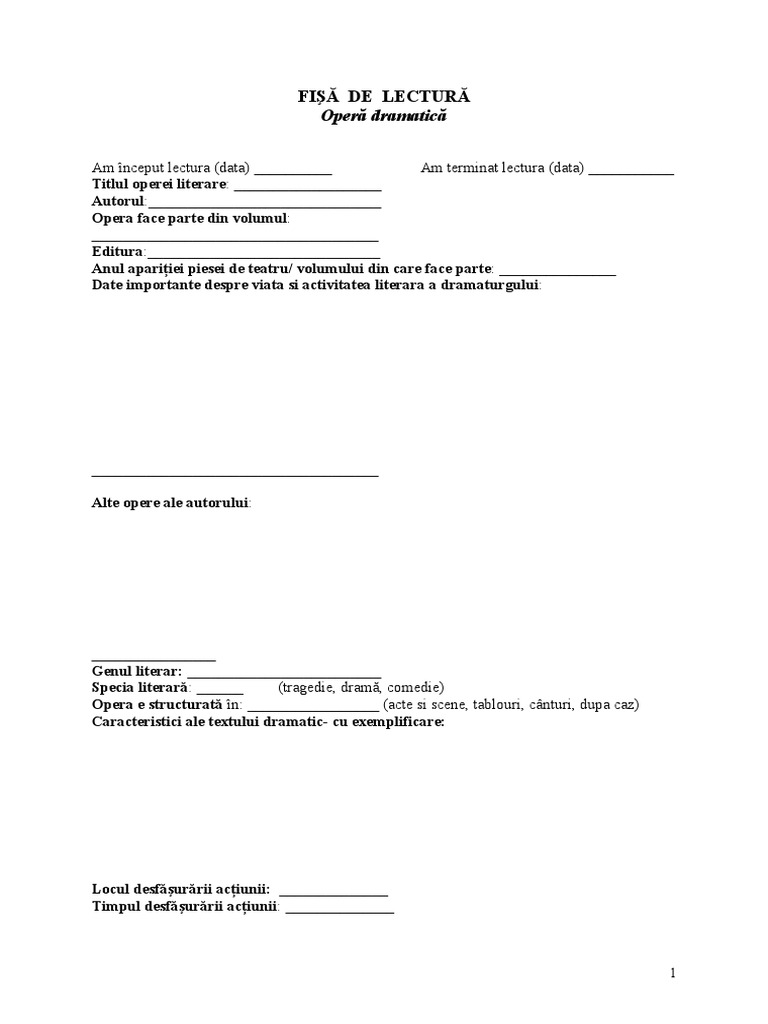 Fisa de Lectura - Text Dramatic | PDF