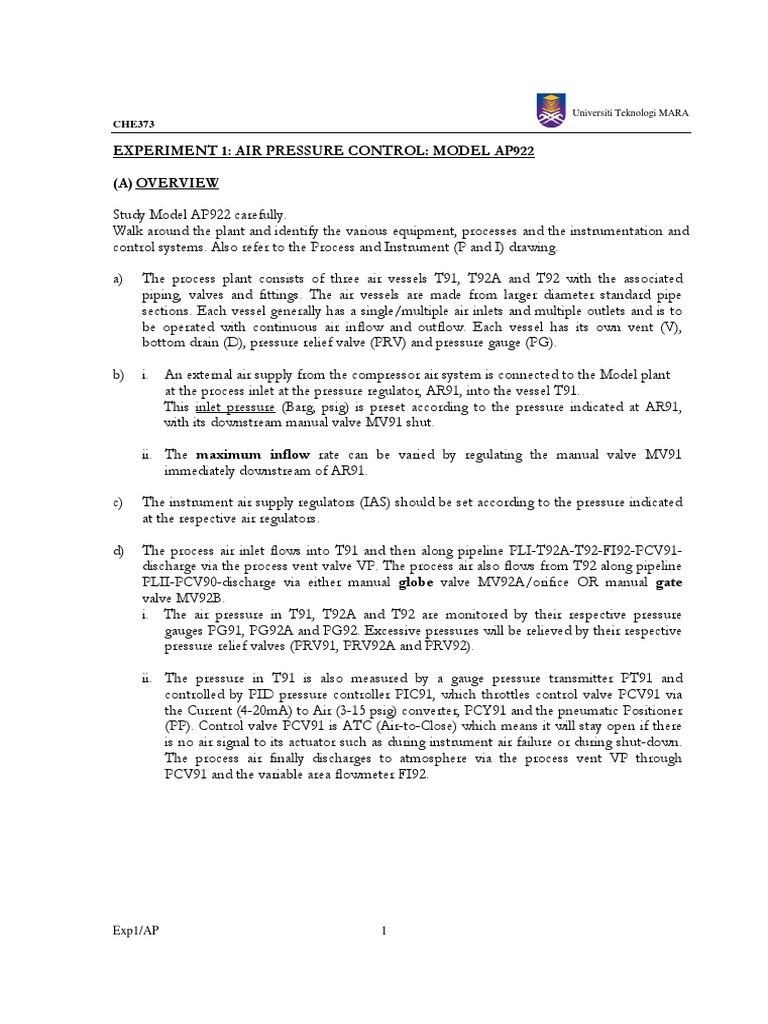 CHE373 Exp1 Pressure | PDF | Valve | Control System