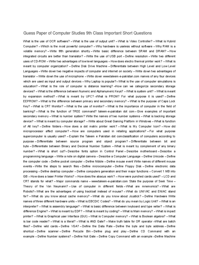 9th Class Computer Studies Guess Paper | PDF | Computer Data Storage ...