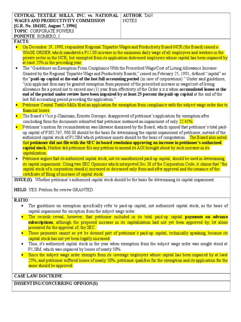 Central Textile Mills, Inc. v. National Wages and Productivity ...