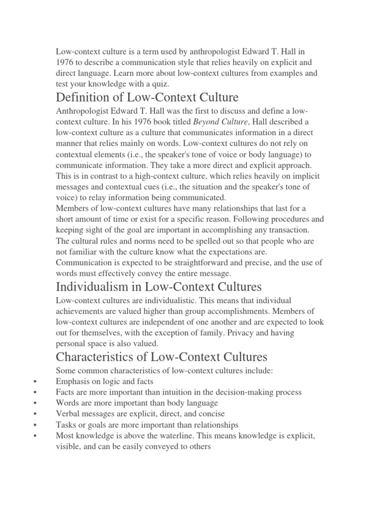 Definition of Low Context Culture | PDF | Nonverbal Communication ...