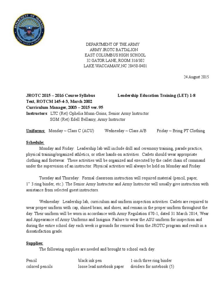 JROTC COURSE SYLLABUS 2015 - 2016 As of 02232016 | PDF | Test ...