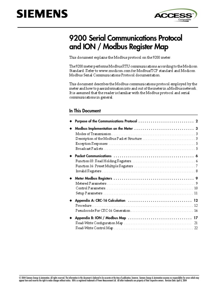 9200 Serial Communications Protocol and ION / Modbus Register Map | PDF | Network Packet ...