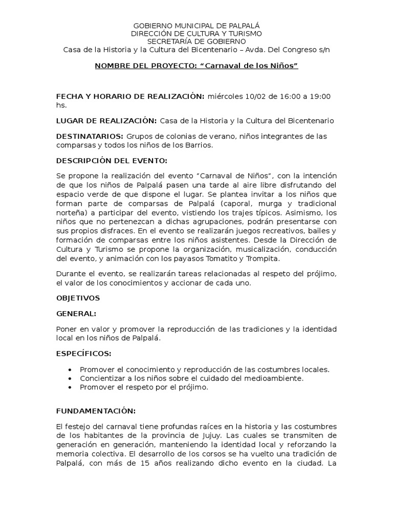 Proyecto Carnaval de Los Niños | PDF