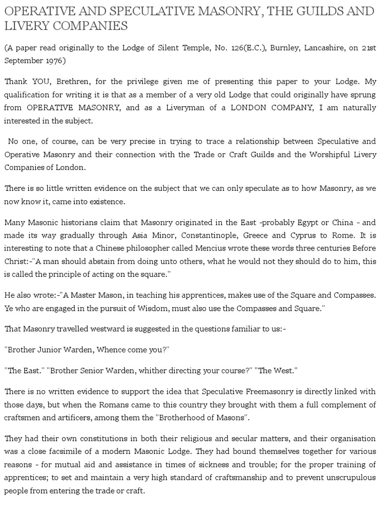 Operative and Speculative Masonry, The Guilds and Livery Companies ...