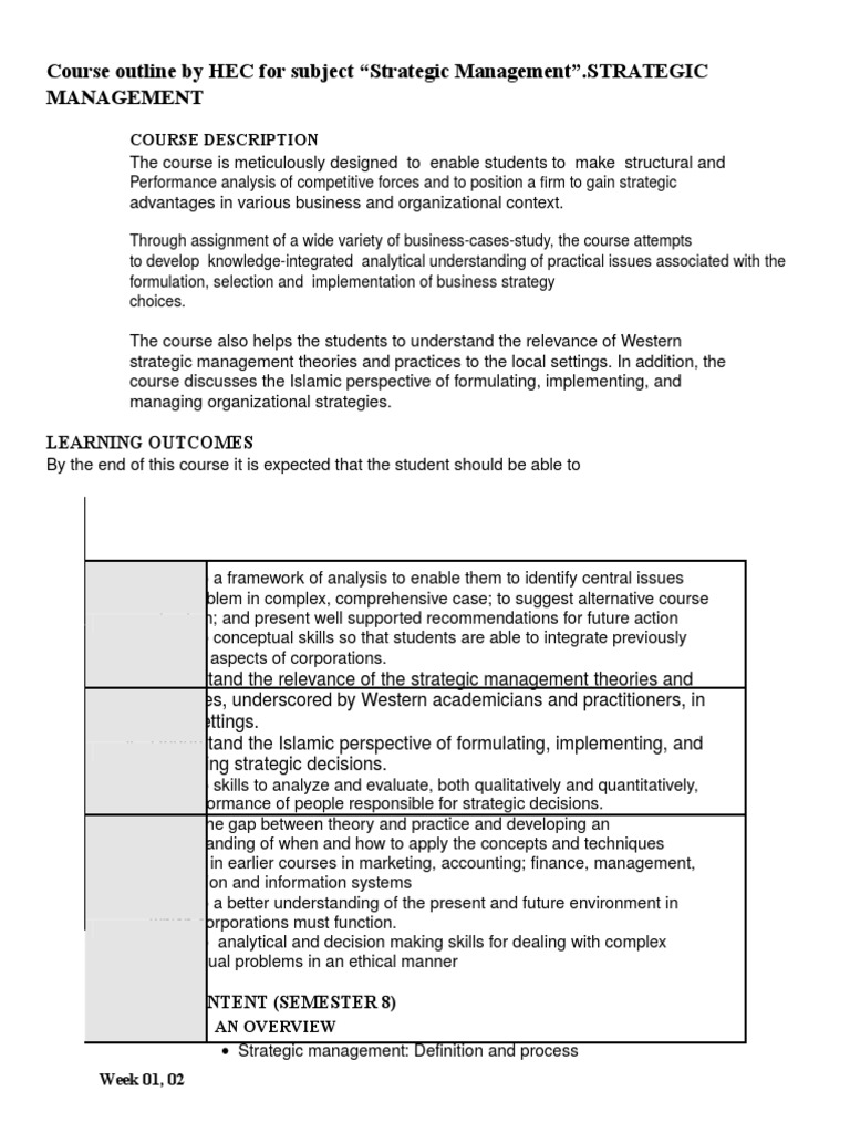 HEC Strategic Management Course Outline | PDF | Strategic Management ...