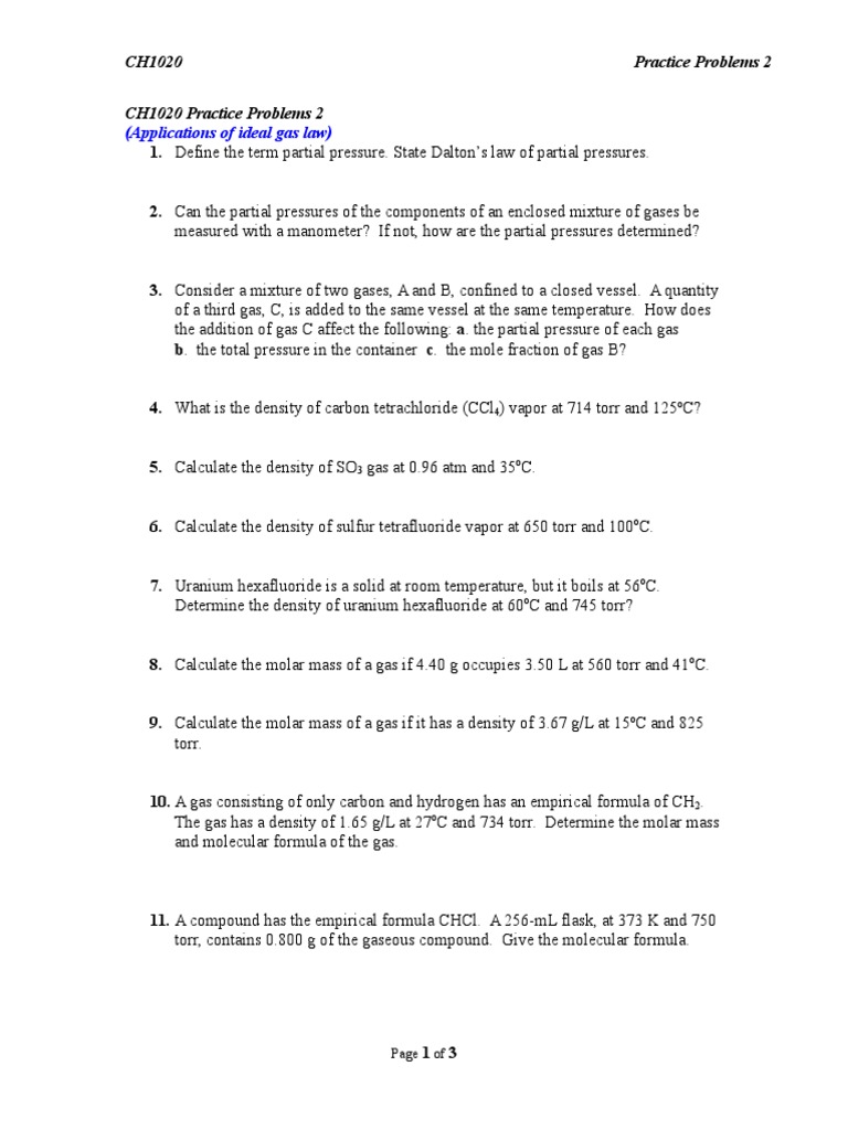Practice Problems 2 (Applications of Ideal Gas Law) | PDF | Gases | Density