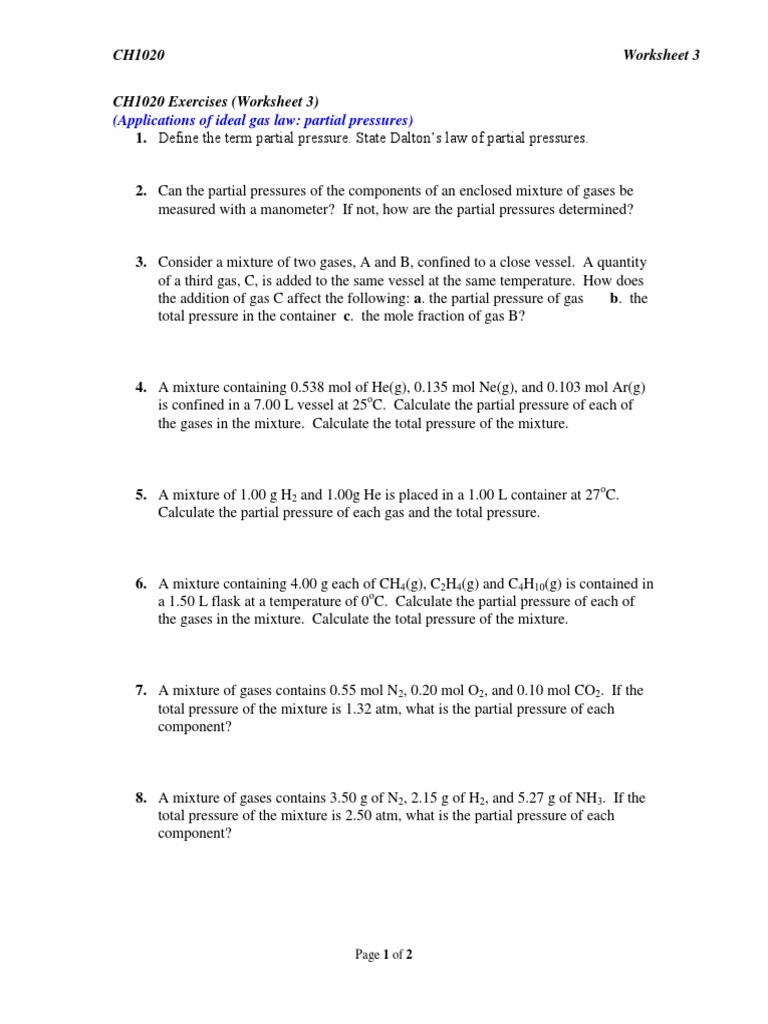 Worksheet 3 (Partial Pressures) | PDF | Gases | Pressure