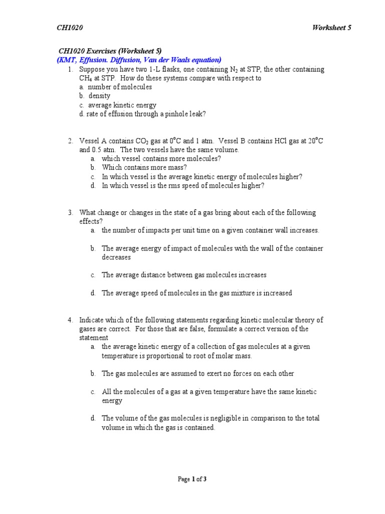 Worksheet - 5 - ( (KMT, Effusion. Diffusion, Van Der Waals Equation ...