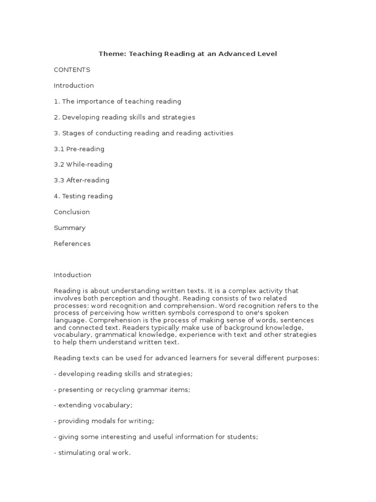 Teaching Reading at An Advanced Level | PDF | Reading (Process ...