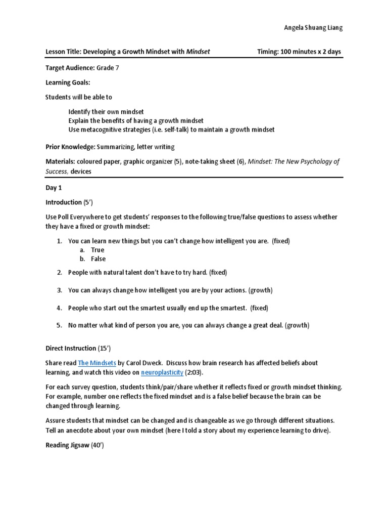 Developing a Growth Mindset in Grade 7 | PDF | Mindset | Lesson Plan