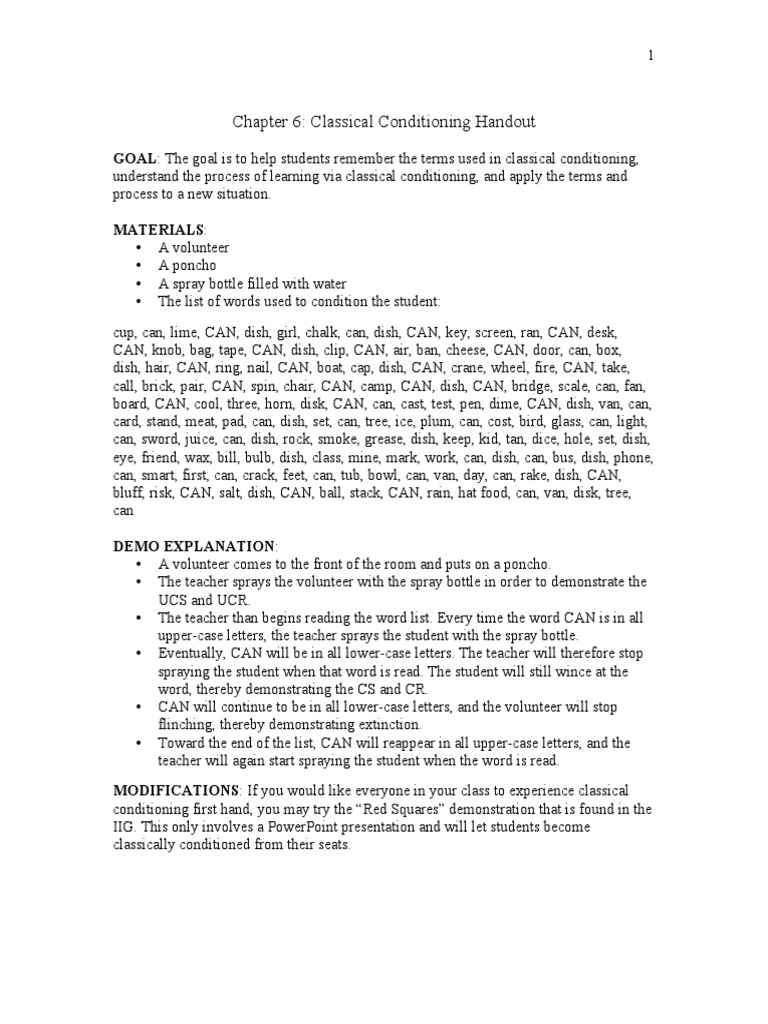 Classical Conditioning Classroom Activity | PDF | Classical ...