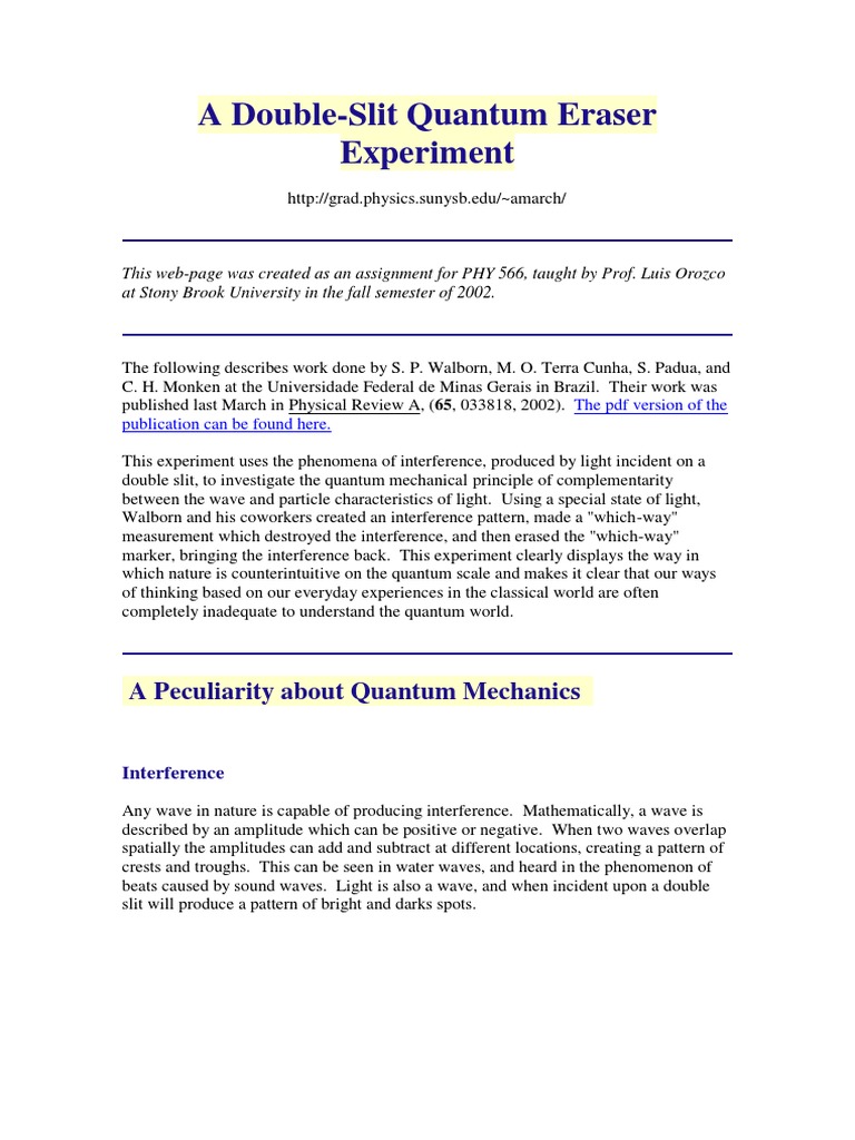 A Double-Slit Quantum Eraser Experiment | PDF | Interference (Wave ...