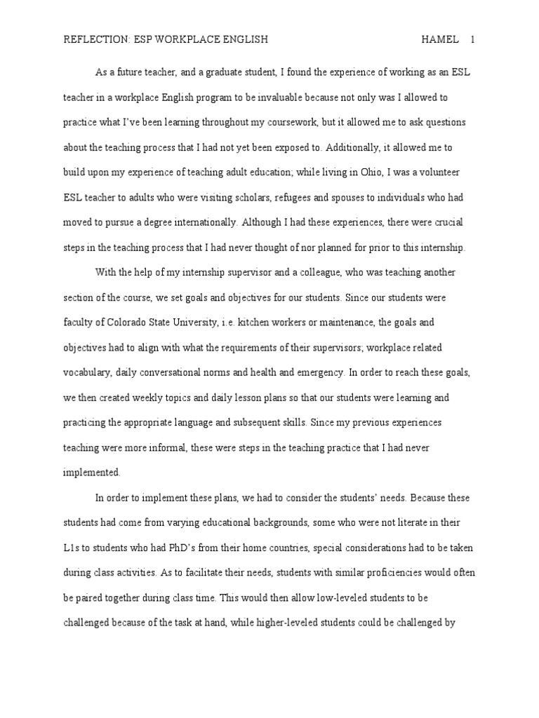 ESP Reflection | PDF | English As A Second Or Foreign Language | Internship