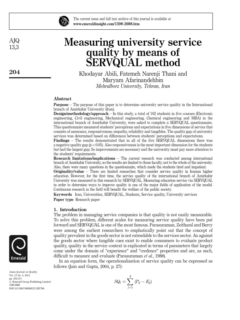 Measuring University Service Quality by Means of SERVQUAL Method | PDF | Survey Methodology ...