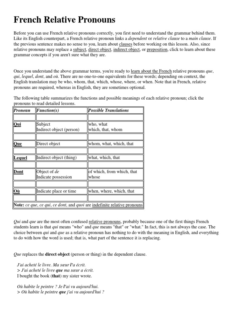 French Relative Pronouns Explained | PDF | Pronoun | Grammar