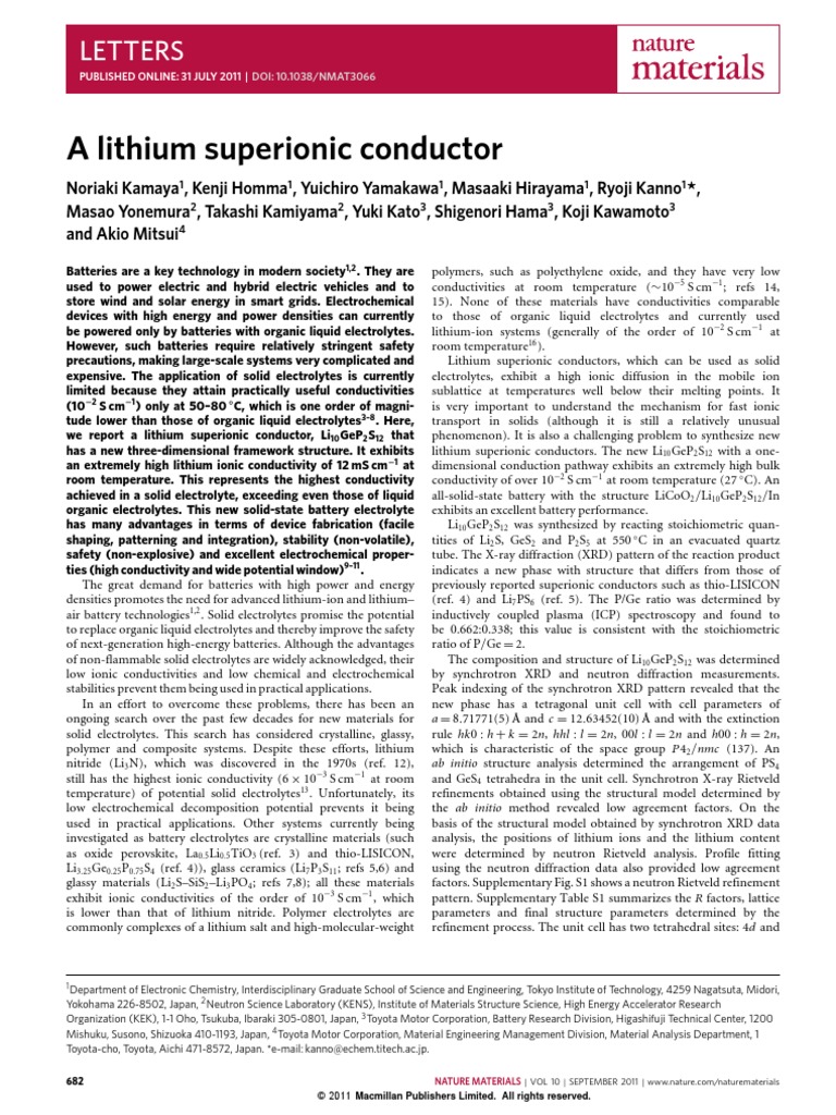 A Lithium Superionic Conductor PDF | PDF | X Ray Crystallography ... A Lithium Superionic Conductor PDF | PDF | X Ray Crystallography ...