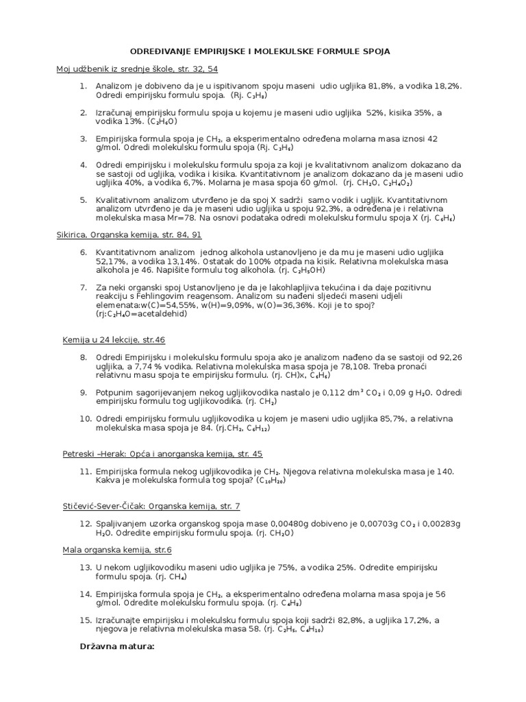 Odre Ivanje Empirijske I Molekulske Formule Spoja, 29 09 2015 | PDF