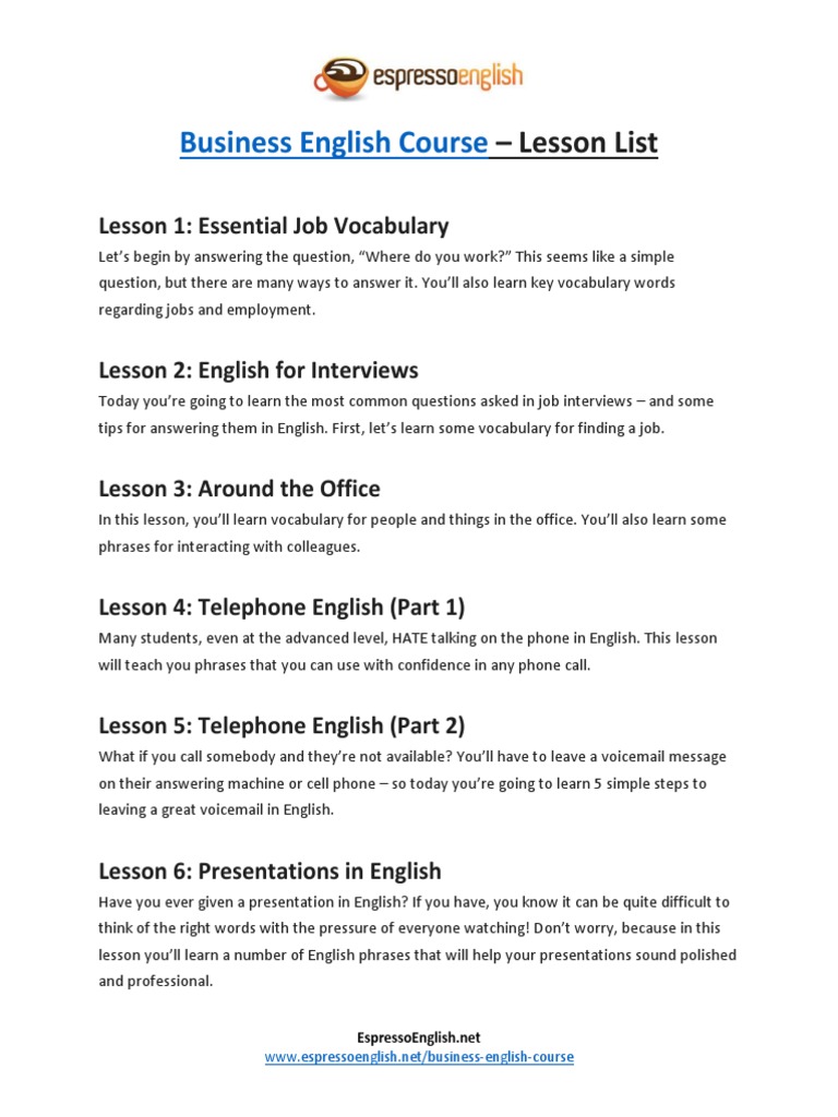 A Comprehensive Guide to Business English: Lessons in Key Vocabulary ...