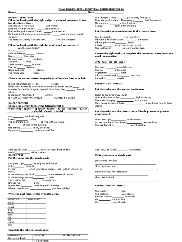 Final English Test | PDF | Verb | English Language