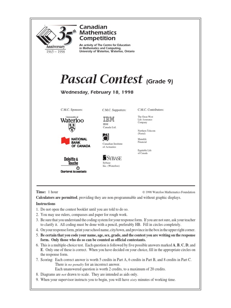 Pascal Contest: Canadian Mathematics Competition | PDF | Elementary ...