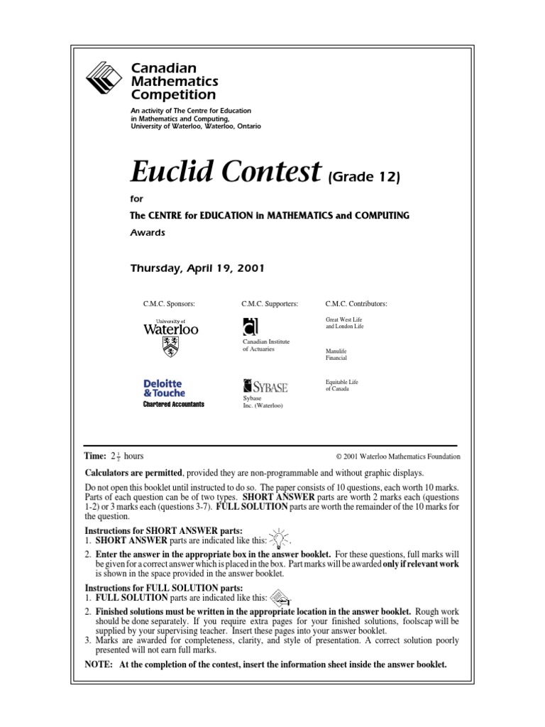 Euclid Contest: Canadian Mathematics Competition | PDF | Elementary ...