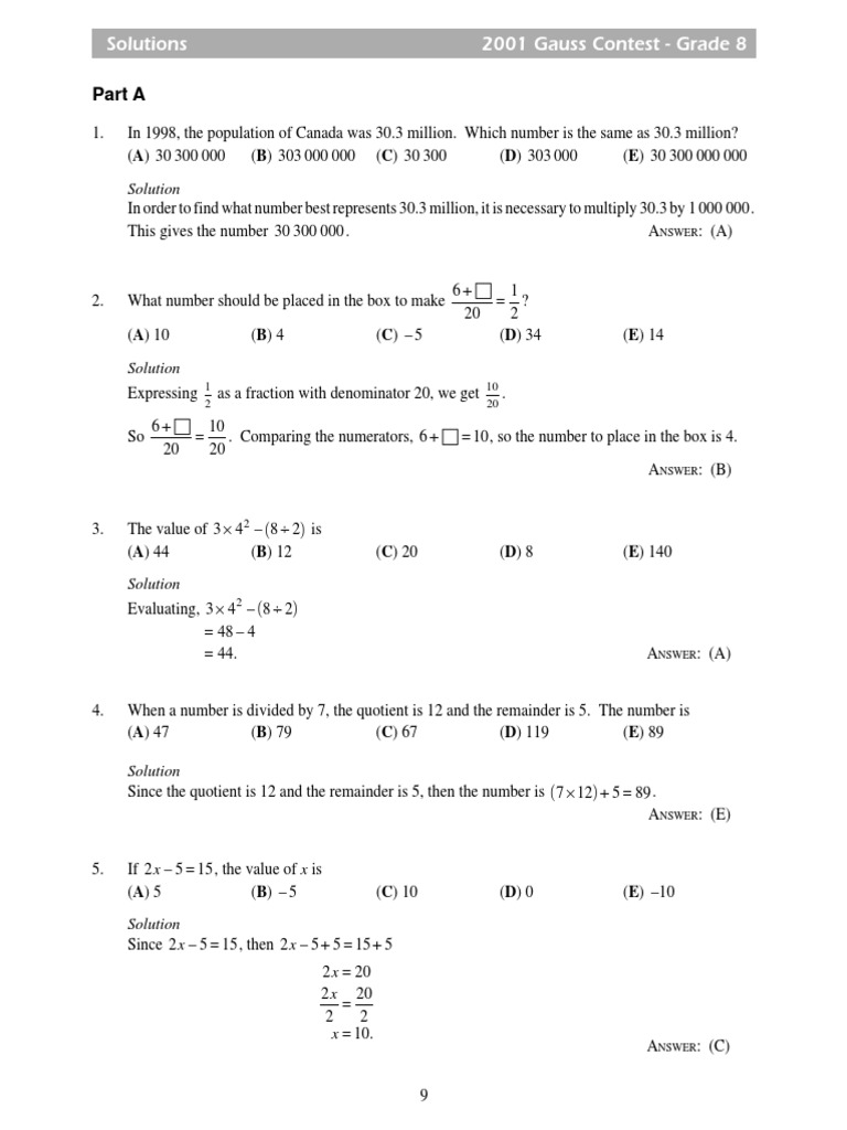 Part A: Solutions 2001 Gauss Contest - Grade 8 | PDF | Fraction ...