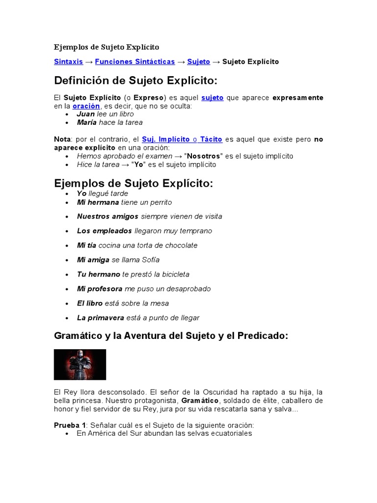 Ejemplos de Sujeto Explícito | PDF | Asunto (gramática) | Oración ...