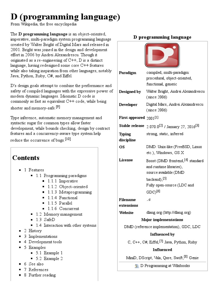 D (Programming Language) - Wikipedia, The Free Encyclopedia | PDF | C++ ...