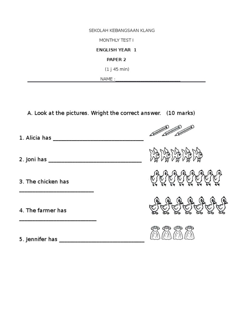 English Year 1 Monthly Test Paper | PDF | Wellness