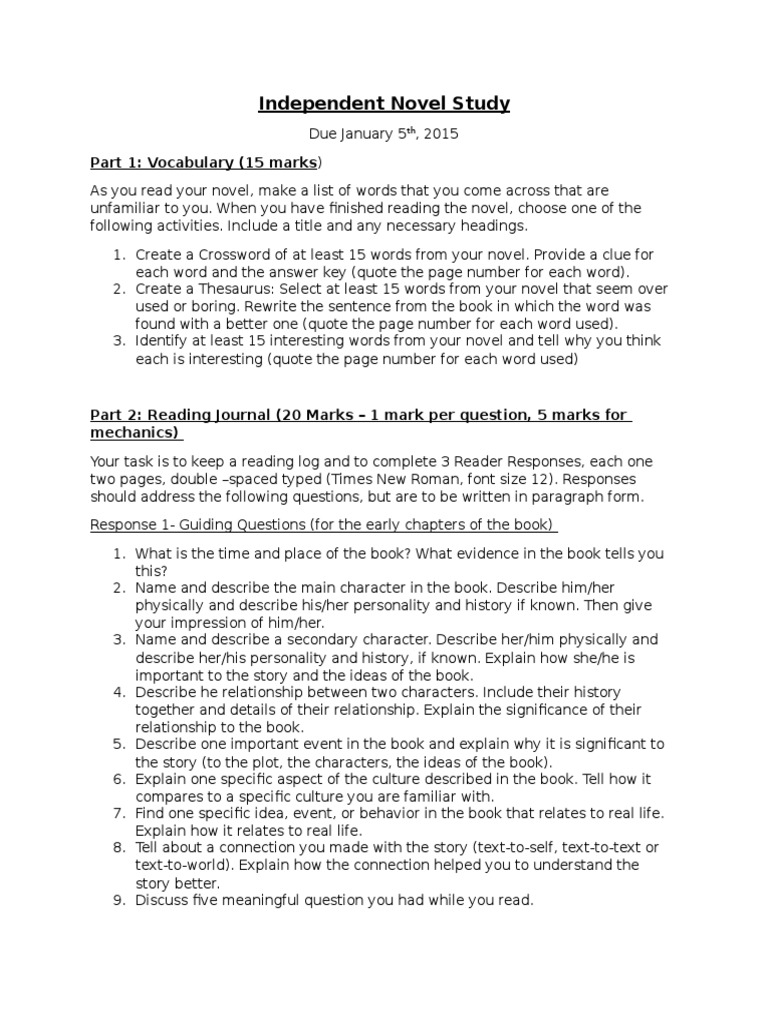 Independent Novel Study | PDF | Plot (Narrative) | Novels