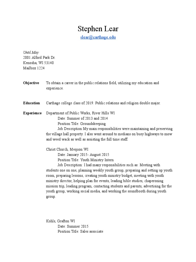 Public Relations Career Resume of Stephen Lear | PDF