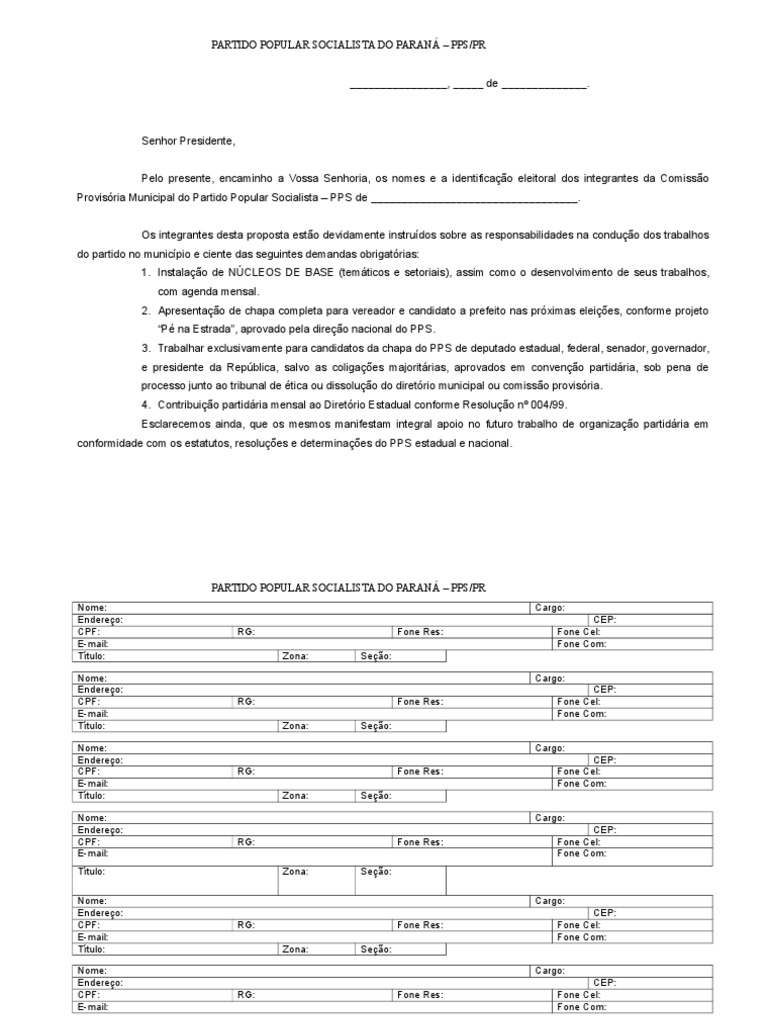 Solicitação de registro da Comissão Provisória Municipal do Partido ...