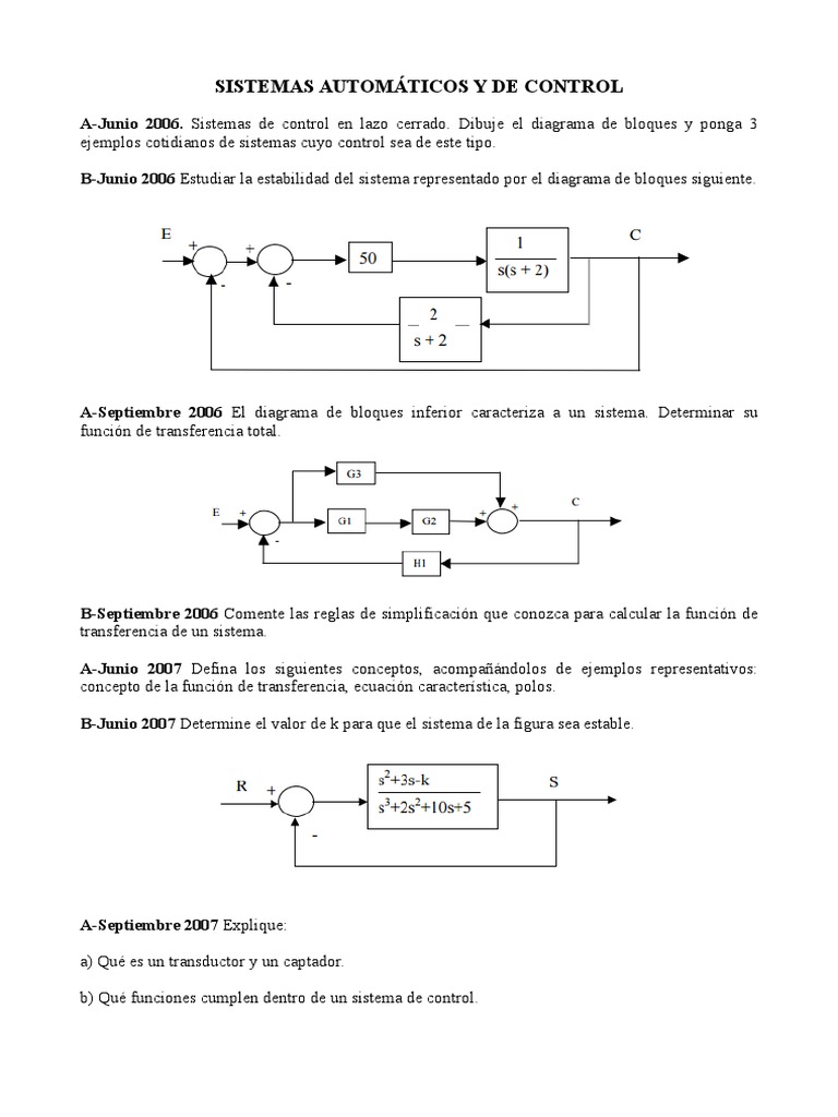 Ejercicios Sistemas Automáticos PAU Zaragoza | PDF | Sistema de control | Función (Matemáticas)