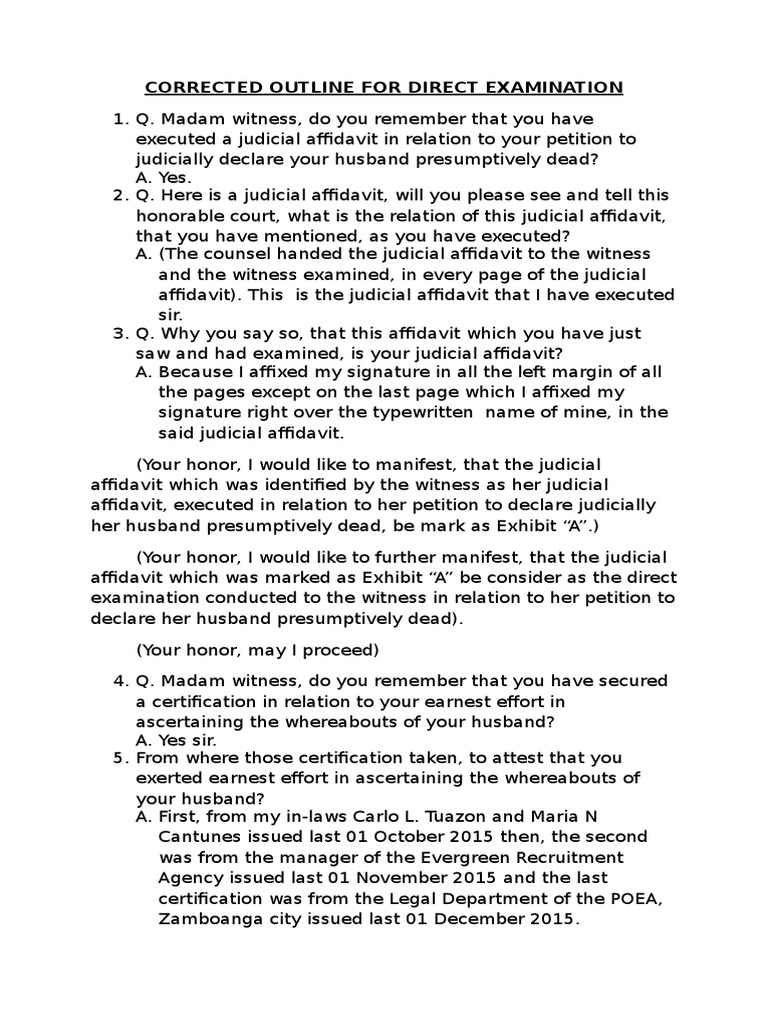Corrected Outline For Direct Examination | Legal Procedure | Virtue