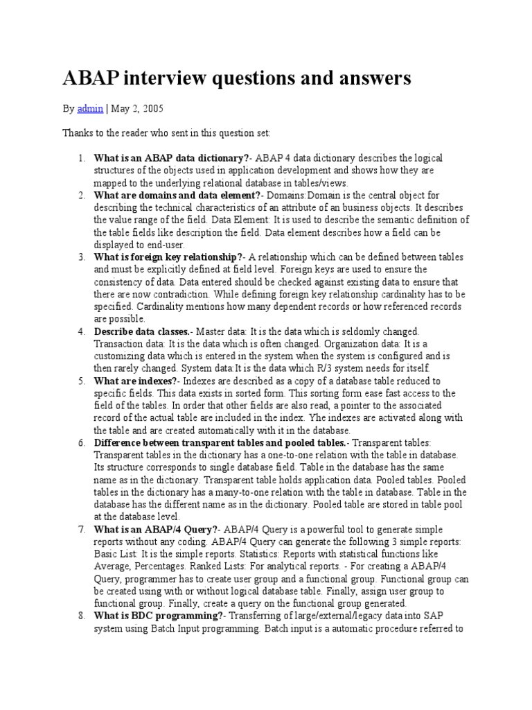 ABAP Interview Questions and Answers | PDF | Databases | Inquiry